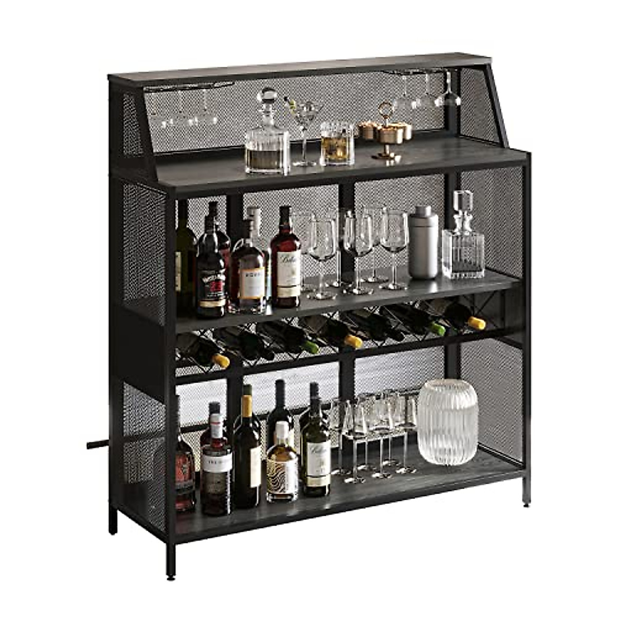 REHOOPEX Home Bar, 4 Tier Industrial 51in Bar Cabinet, Farmhouse Liquor Cabinet with Footrest, Wood Bar Cabinet Wine Storage Shelf, Metal Buffet Cabinet for Home, Kitchen, Pub (Black)