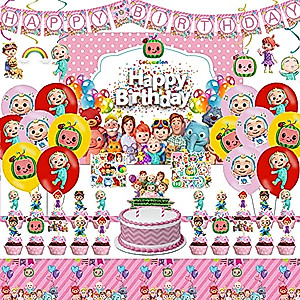 Pink Cartoon Party Decorations, Birthday Party Supplies Party Kit for Girls Include Happy Birthday Banner, Backdrop, Balloons, Cake Topper, Hanging Swirls, Stickers, Tablecloth