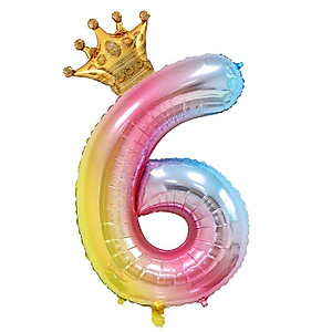 40 Inch Rainbow Gradient Number 6 and Mini Crown Balloon for 6th Birthday Party Decorations, Girl Birthday Party Balloons Decorations,Anniversary Decorations Supplies