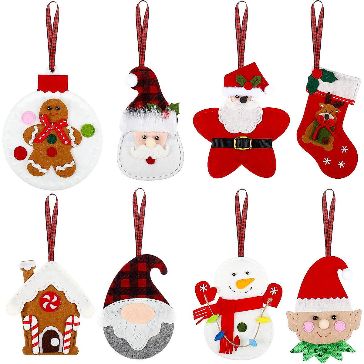 Skylety 8 Pieces 3D Christmas Tree Ornaments Set Felt Santa Elf Snowman Candy Cane Ornament, Christmas Stocking, Gnome Felt Decoration(Santa Claus)