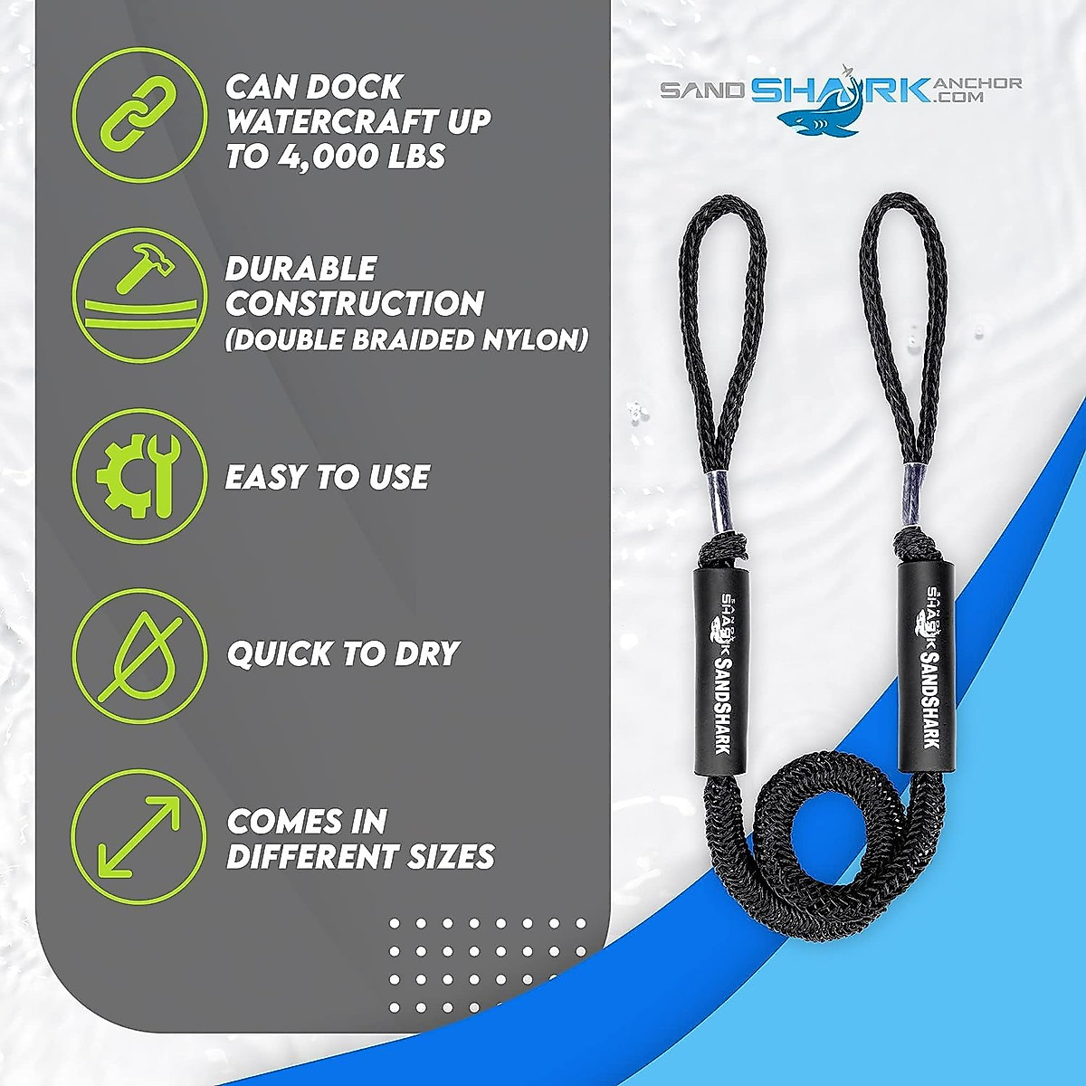 2PK Bungee Dock Lines. Stretches 6-9 ft. Absorbs Shock to Cleats, Docks, Pylons, and Anchors. Reduces Pull on Boat Lines. Bungee Rope That Stretches