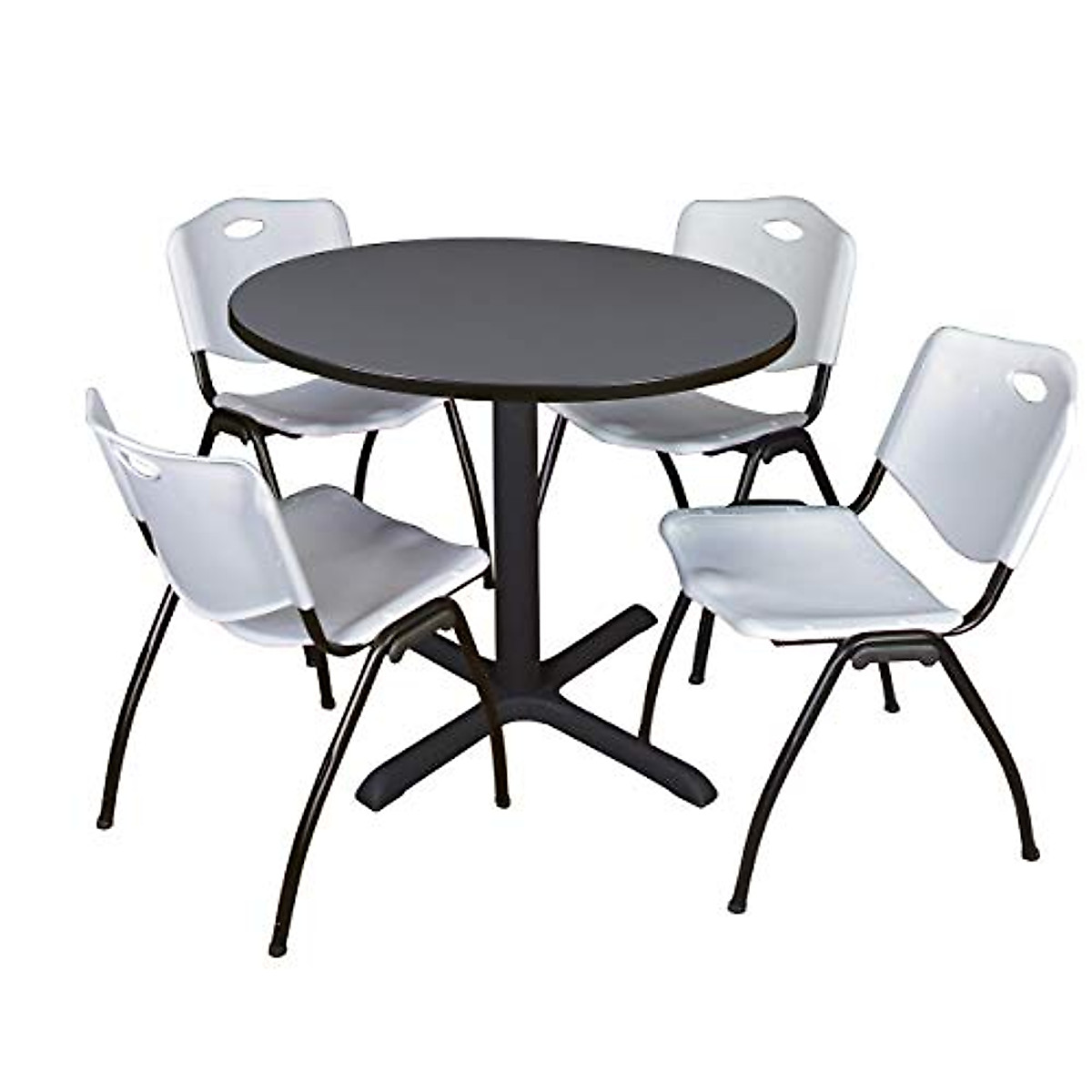 Cain 42" Round Breakroom Table- Grey & 4 'M' Stack Chairs- Grey