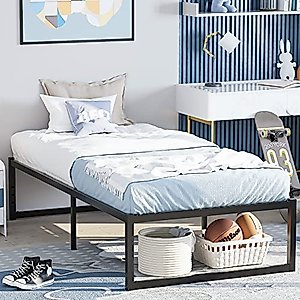 Elephance Twin Bed Frame with Storage Space 16 Inch Black Kids Student Bedframe No Box Spring Needed Metal Platform with Heavy Duty Steel Slat Support, Easy Assembly