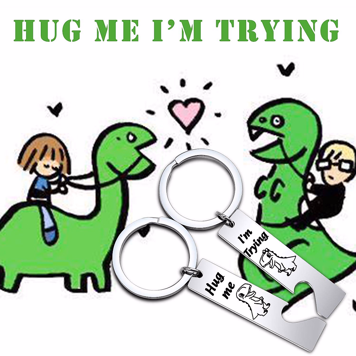 Dinosaur Couple Gift Dinosaur Puzzle Keychain Set Dino Fans Gift BFF T Rex Dinosaur Gift (Hug me I'm Trying set)