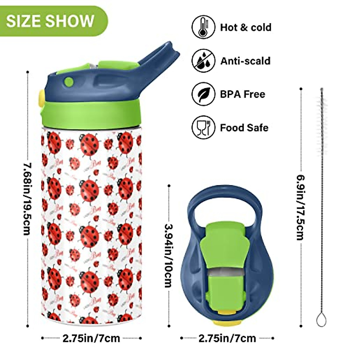 ALAZA Watercolor Funny Insects Ladybug Kids Water Bottles with Lids Straw Insulated Stainless Steel Water Bottles Double Walled Leakproof Tumbler Travel Cup for Girls Boys Toddlers 12 oz / 350 ml,Gree