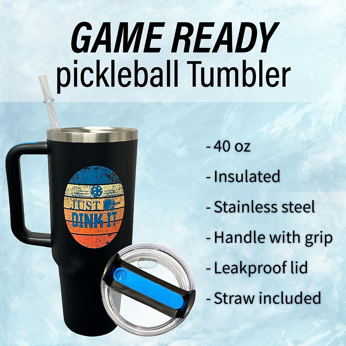 ReLIVE Pickleball Insulated 40oz Stainless Steel Tumbler Cup with Lid, Straw, and Handle, Drink, Tea, and Coffee Travel Mug - Black