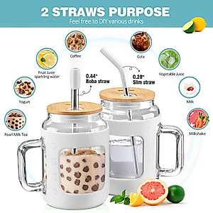 VOKOVO 32oz Glass Tumbler with Bamboo Lid and Straw, Glass Water Bottles with Time Marker, Iced Coffee Cup with Handle, Two Straw - Boba Straw & Drinking Straw Silicone Protective Sleeve-White