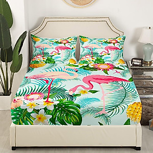 Tropical Flamingo Bedding Set Full Size, Pink Flamingo Fitted Sheet Palm Tree Print Bedding Set Botanical Bed Cover with 2 Pillow Case (No Flat Sheet)