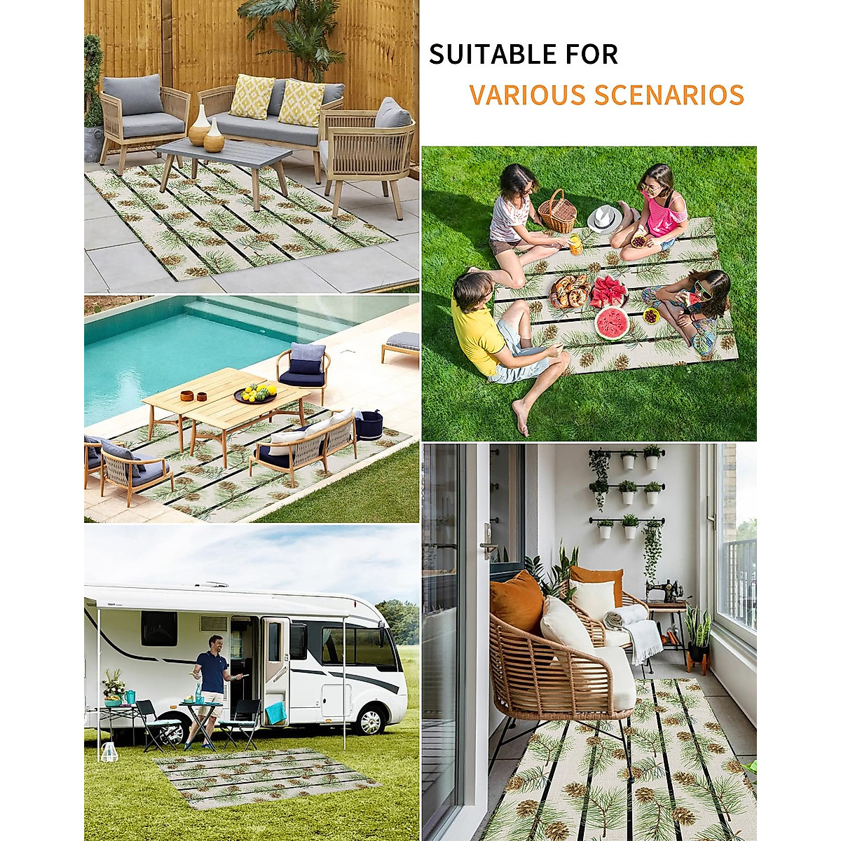 Christmas Outdoor Rugs for 6'x9' Patios Clearance, RV Camping Mat Rug Portable Outside Rug Indoor Outdoor Area Rug Mat for Beach Deck Pool Farmhouse Pine Leaves Cone Stripe