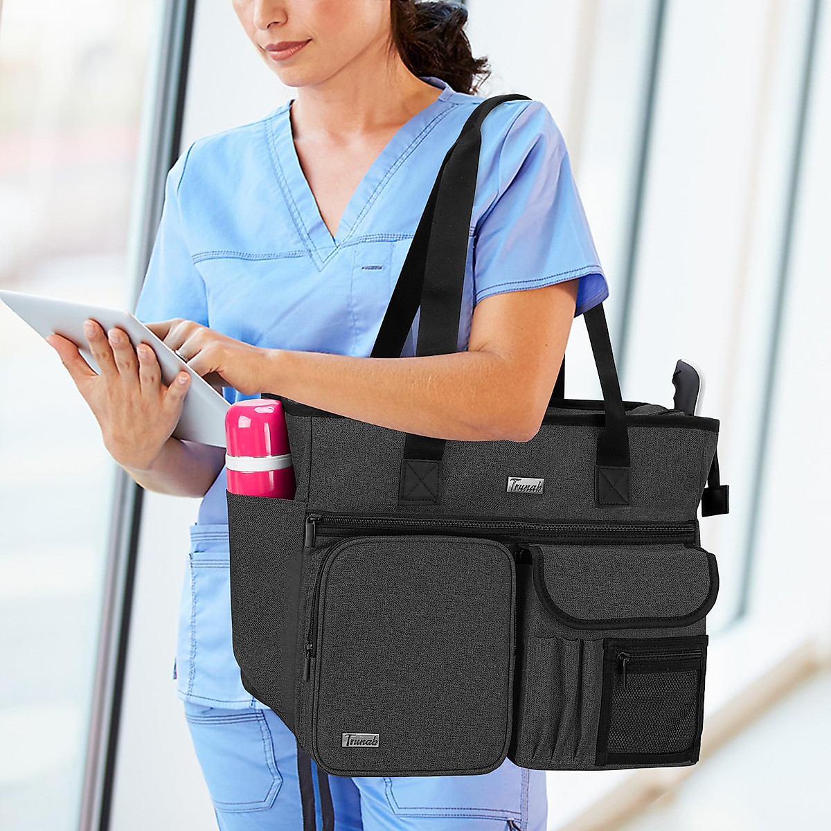Trunab Nurse Tote Bag for Work with Padded 15.6” Laptop Sleeve, Black