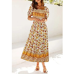 ZESICA Women's 2023 Summer Boho Floral Print Square Neck Ruffle Swing Beach Long Maxi Dress,Yellow,Medium