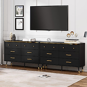 DWVO Black 6 Drawer Dresser, 47" W Large Double Dresser Chest of Drawers, Modern Wood Storage Dresser Organizer with Golden Metal Handles & Anti-Tipping Device for Hallway, Entryway, Dresser Room