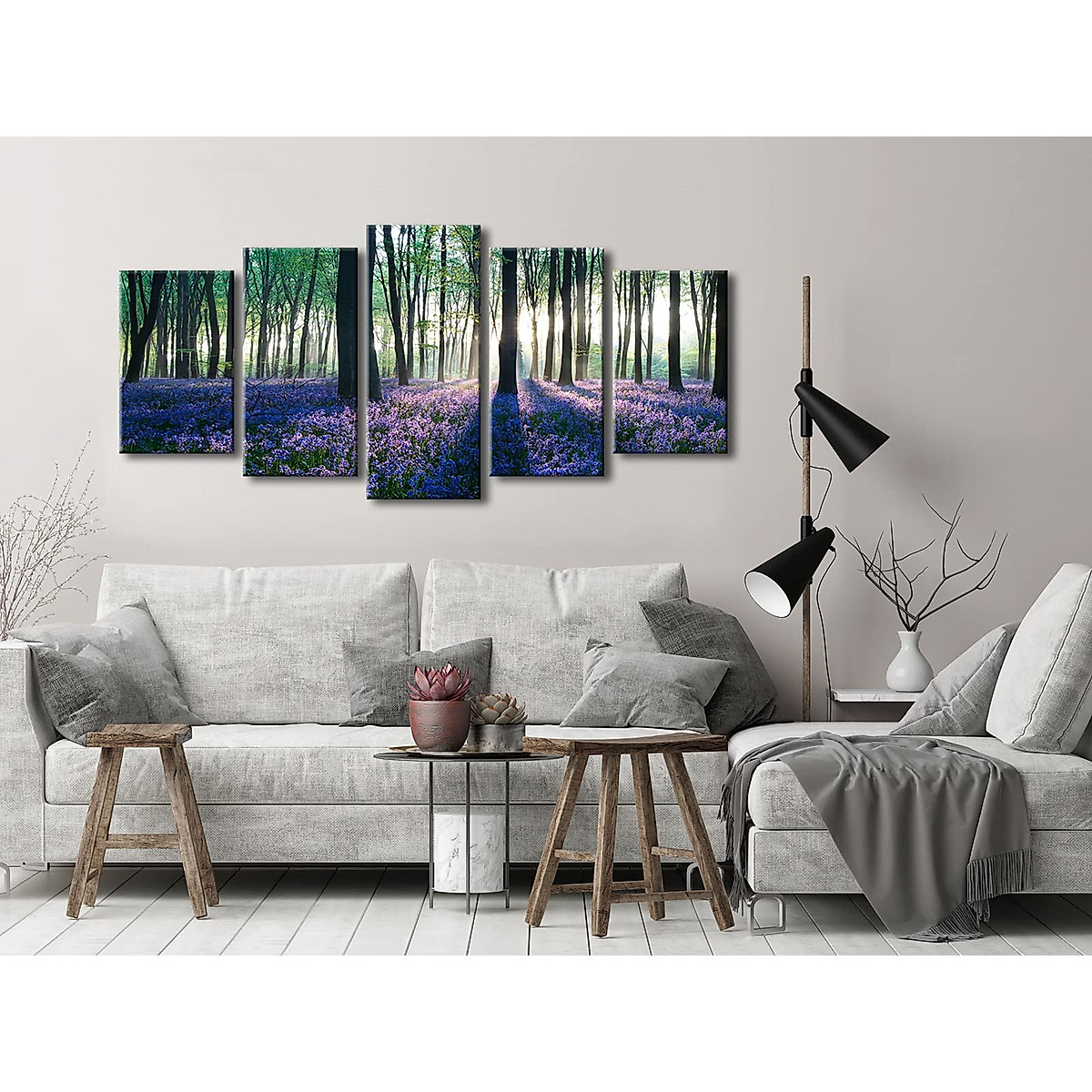 Pyradecor Early Morning Lavender Canvas Prints Wall Art Purple Floral Pictures Paintings for Bedroom Kitchen Bathroom Home Decor Modern 5 panels Stretched and Framed Flowers Landscape Giclee Artwork