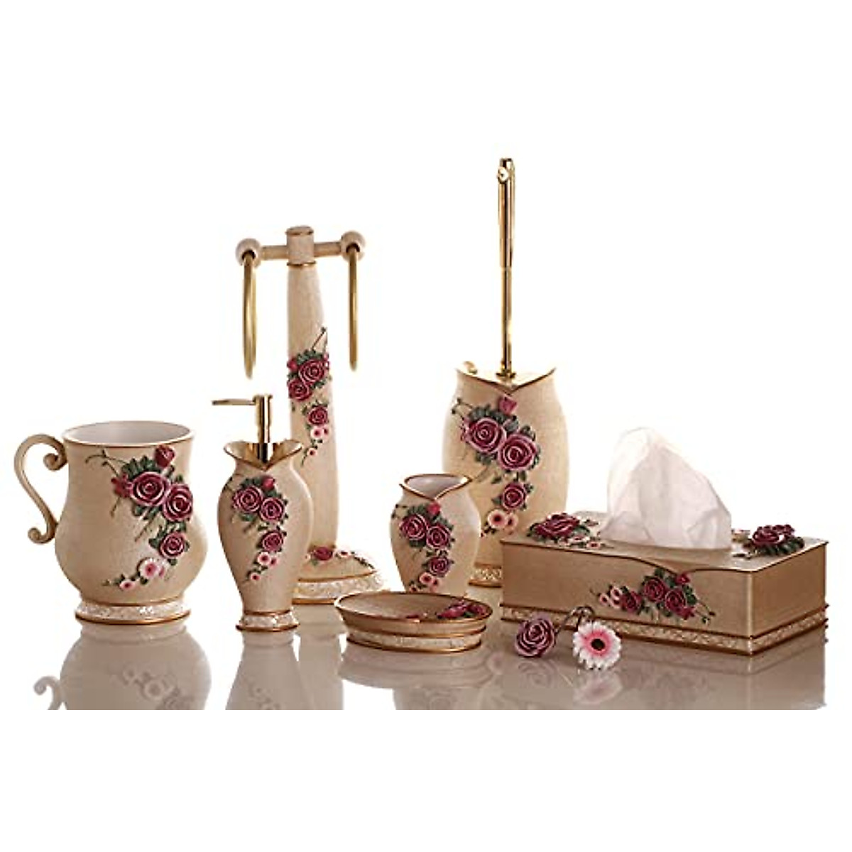 Glarcy Bathroom Accessories Set - Soap Dispenser, Tumbler/Toothbrush Holder, and Vanity Tray - Luxury Hand Painted Decor