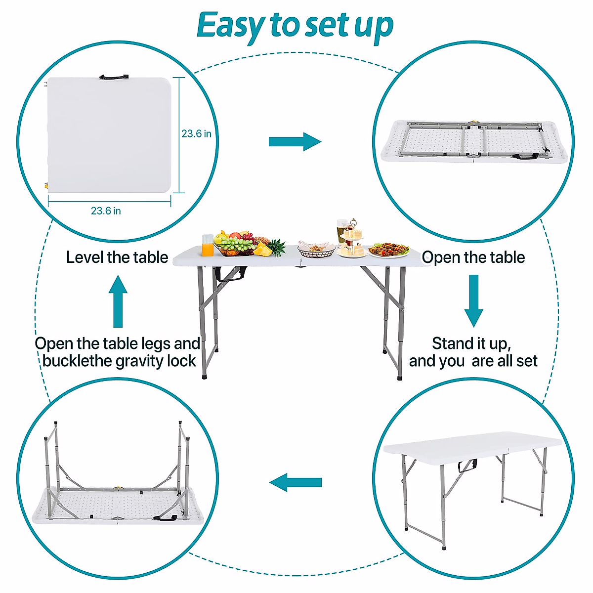 Dkeli Folding Table 4 Foot Portable Picnic Table Plastic Adjustable Height Heavy Duty for Indoor Outdoor Camping, Picnic and Party, Fold in Half with Handle and Steel Legs, White