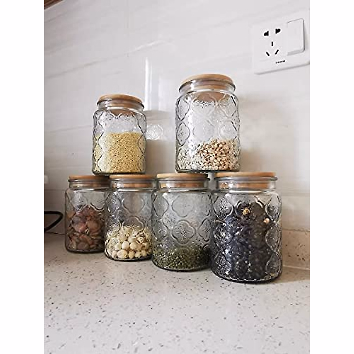 Livejun Vintage Glass Jar Canister Storage Jar with Seal Wooden Lid Retro Design for Kitchen Counter, Pantry, Tea, Sugar, Coffee Tea Beans,Flour 23.5 oz Set of 2 (Plum blossom)