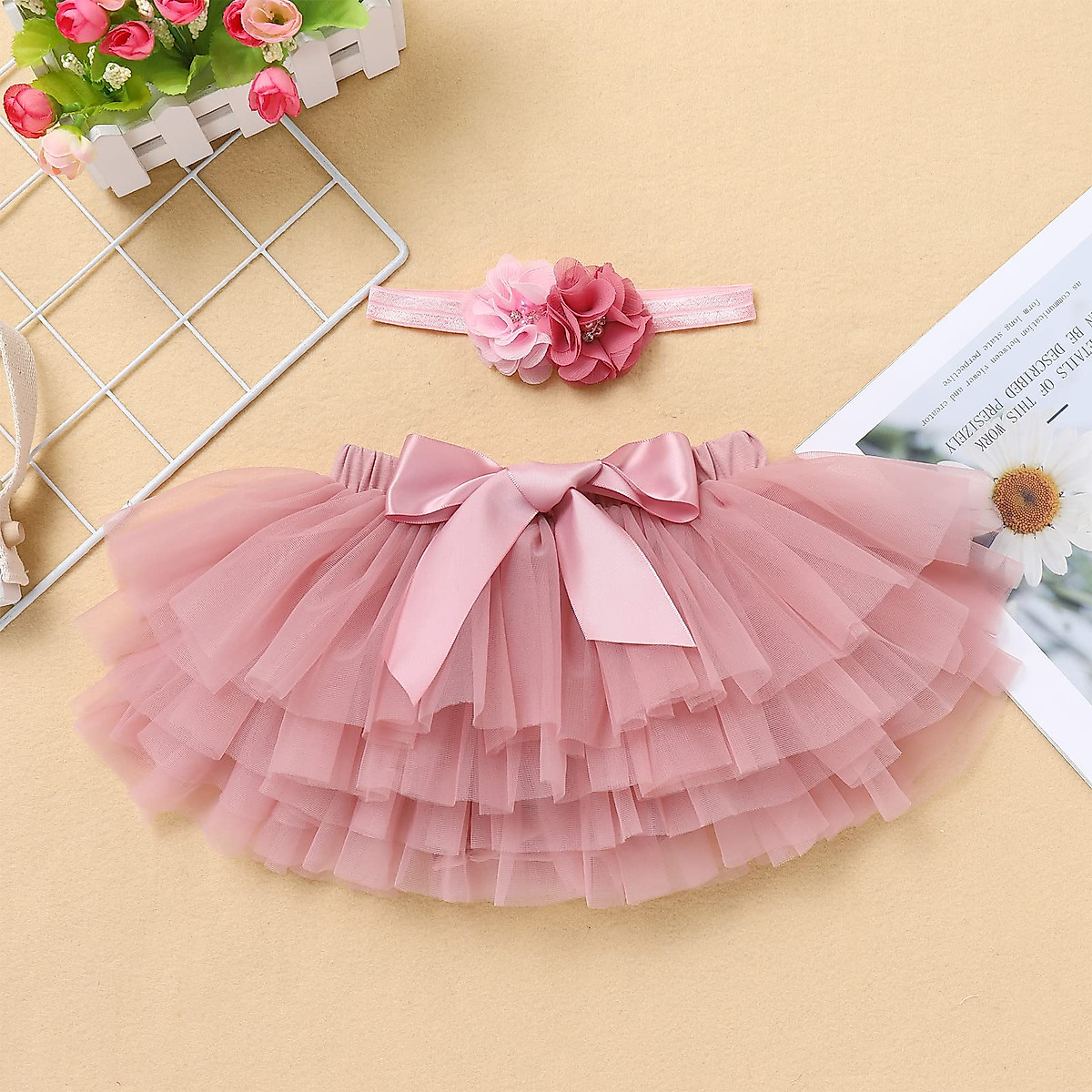Newborn Girl Photoshoot Outfits First Birthday Outfit Baby Toddler Tutu Skirt Flower Headband Set Dress Boho Rainbow Half 1st Birthday Cake Smash Diaper Cover Infant Bloomers Dusty Pink 6-12 Months