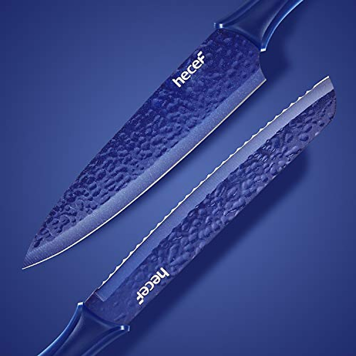 hecef Galaxy Blue Kitchen Knife Set of 5, Non-slip Metallic Ceramic Coated Chef Knife Set, Hammered Blade with Plastic Handle and Protective Blade Sheath