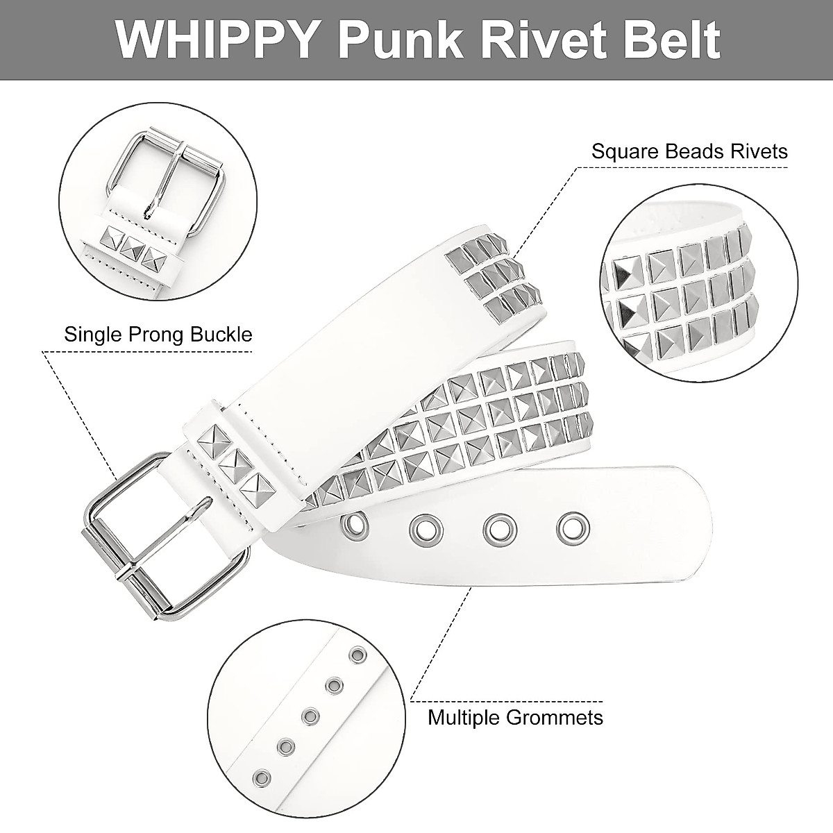 WHIPPY Women Men Rivet Studded Belt Row Pyramid Square Bead PU Faux Leather Punk Rock Grommet Belt for Jeans,White,M