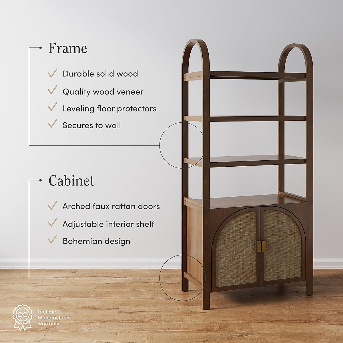 Nathan James Paxton Boho Bookshelf Cabinet with Solid Wood Frame Rattan Bookshelf with Cabinet Base, Arched Bookcase Cabinet for Living Room or Home Office, Dark Acacia, Set of 3