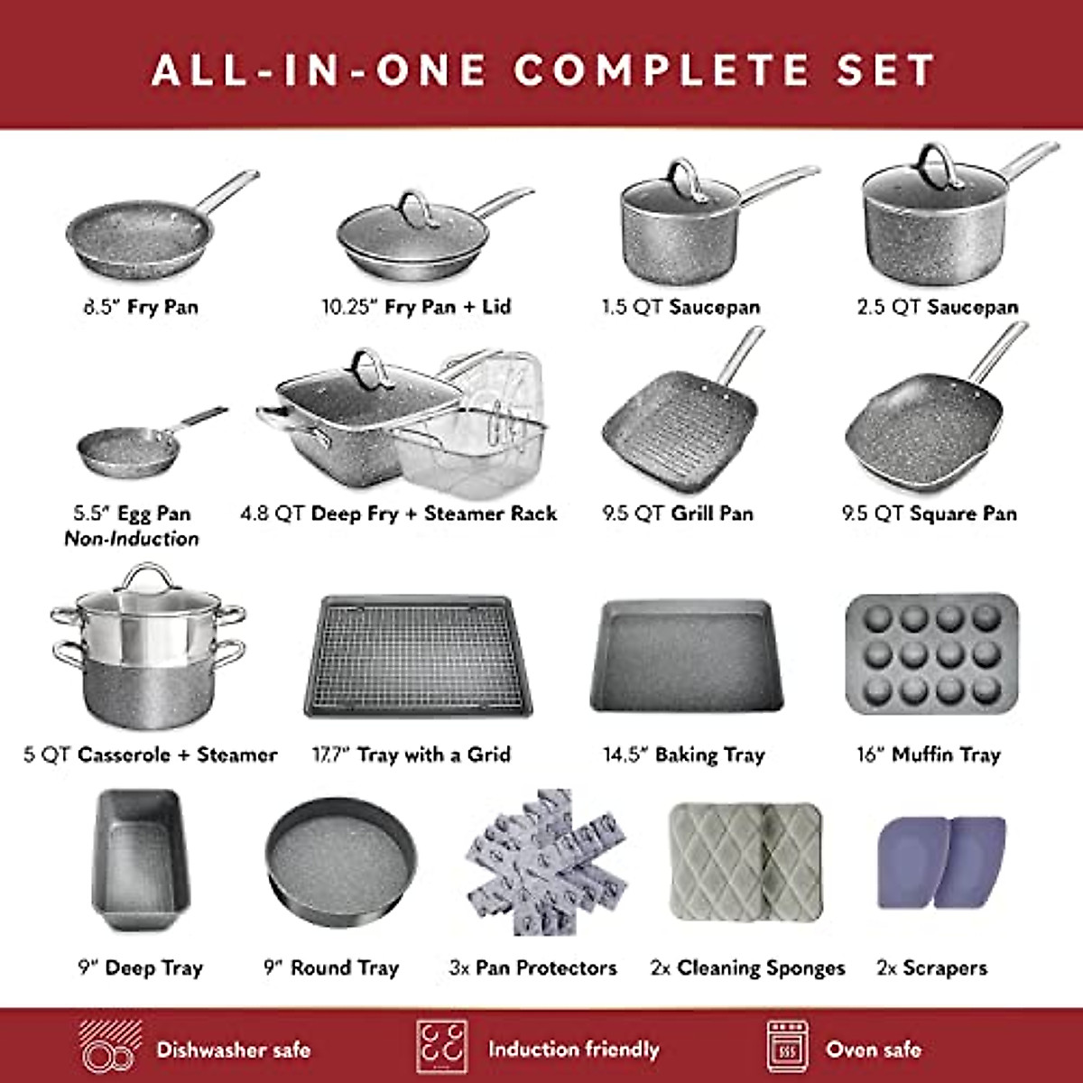 Granite Cookware Sets Nonstick Pots and Pans Set Nonstick - 23pc Kitchen Cookware Sets Induction Cookware Induction Pots and Pans for Cooking Pan Set Granite Cookware Set Non Sticking Pan Set
