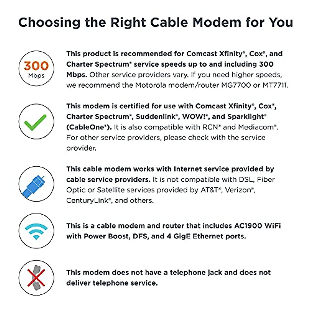 Motorola MG7550 - Modem with Built in WiFi | Approved for Comcast Xfinity, Cox, Spectrum | For Plans Up to 300 Mbps | DOCSIS 3.0 + AC1900 WiFi Router | Power Boost Enabled