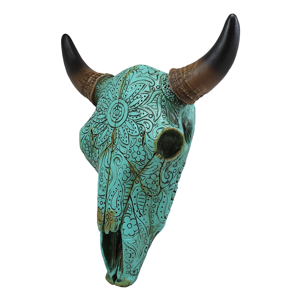 Ebros 10" Wide Western Southwest Steer Bison Buffalo Bull Cow Horned Skull Head Turquoise Floral Lace Design Wall Mount Decor Native Indian Sacred Animal Totem Bust Skulls