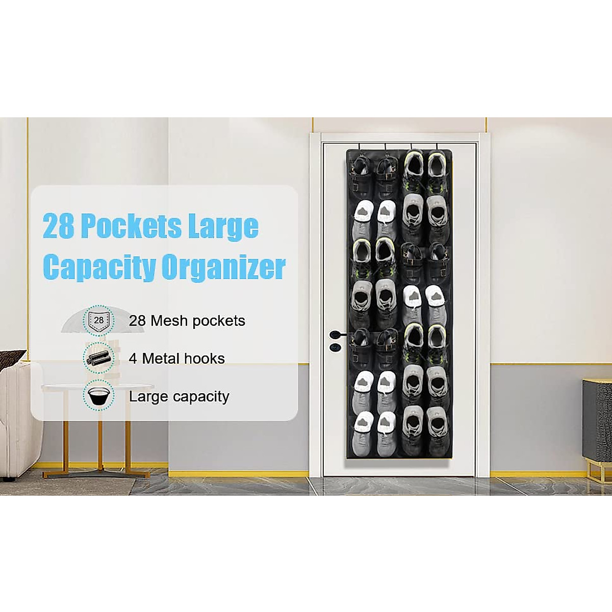 FIRCRE 28 Large Pockets Over The Door Shoe Organizer,Hanging Door Shoe Holder Rack with Mesh Pockets Size 65 x 23 Inch (1Pcs Black)