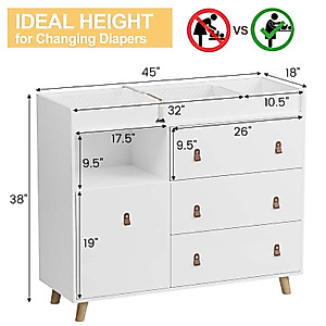 BANIROMAY Baby Changing Table Dresser, Baby Nursery Dresser with Drawers, Hidden Trash Storage, Diaper Changing Table(White + Wood)