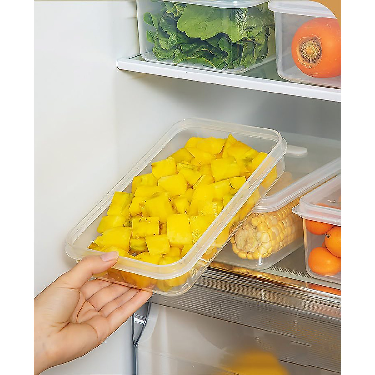 Naranqa Food Storage Containers Bins 11.02×8.85×1.81" Vegetable Organizer with Lid Clear Fridge Crisper Keep Food Fresh Kitchen Organizer Bins (1PACK-SMALL)