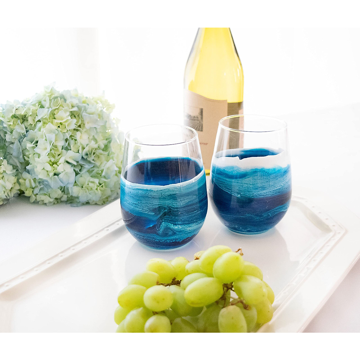 Schafer Art Studio - Handmade Beach Themed Wine Glass, Stemless White Wine 17 ounce, Painted Resin Large Wine Glass