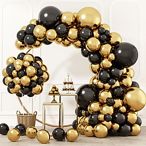 RUBFAC 156Pcs Black and Gold Balloons Arch Garland Kit, 5/10/12/18 Inch Latex Balloons Set for Graduation Birthday Party Wedding Anniversary Decorations