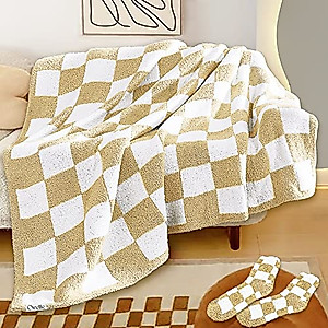 Orelle “Cream Puff” - Soft Knit Checkered Throw Blanket & Socks - Cozy Checkered Blanket Throw - Fluffy Checkerboard Blanket - Aesthetic Tan Checker Blanket Checkered Decor - Buttercream Beige. 55x67