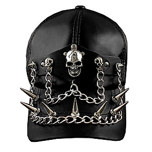 Cool Spike Goth Skull Real Leather Cap Bassbal Hat Men's Biker Punk Rock Black