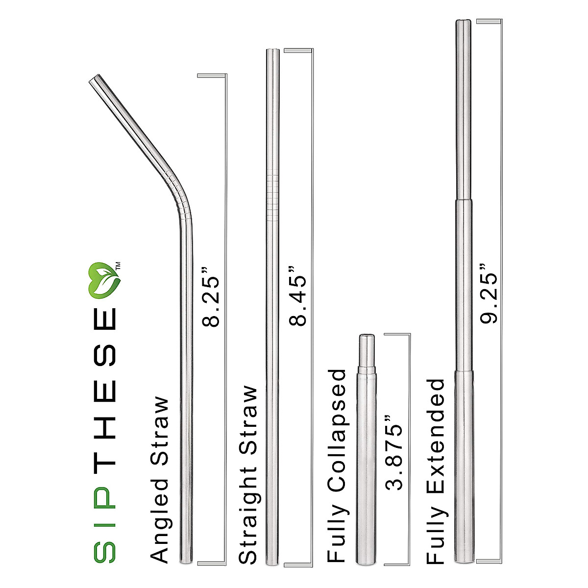 SipThese 8 pc Stainless Steel Straws With Bonus Collapsible Straw. 2 Straw Cleaning Brush, 8 Metal Straws. Stainless Steel Straws With Silicone Tips. 1 Travel Bag. Eco Friendly Reusable Straws