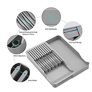 Gymnacy In Drawer Knife Block, Kitchen Knife Drawer Organizer, Expandable Knife Holder Insert for 11 Knives (Gray)