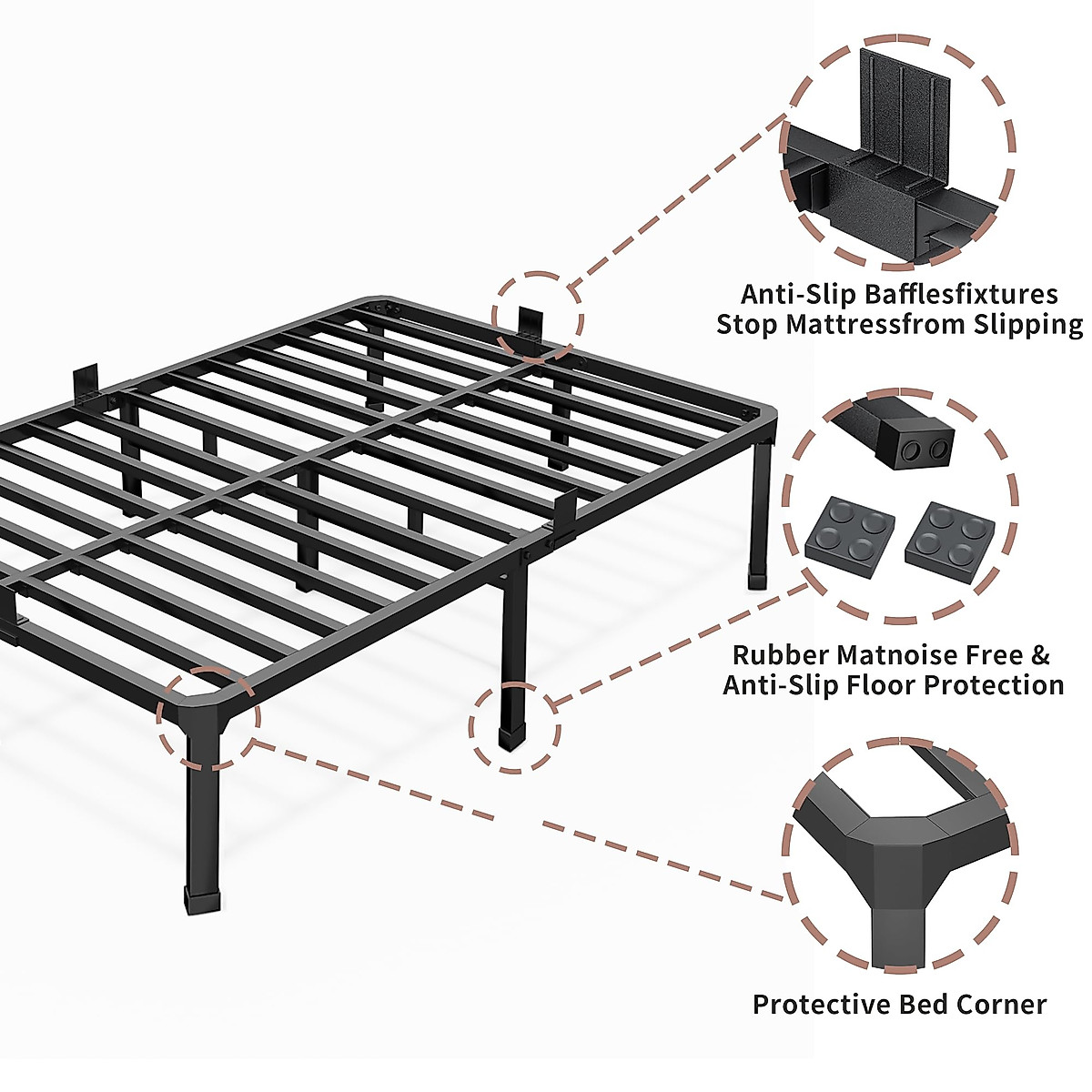 ROIL 14 Inch Queen Size Bed Frame with Mattress Slide Stopper - Double Black Basic Anti Squeak Steel Slats Metal Platform, Heavy Duty Noise Free Easy Assembly Bedframes, No Box Spring Needed