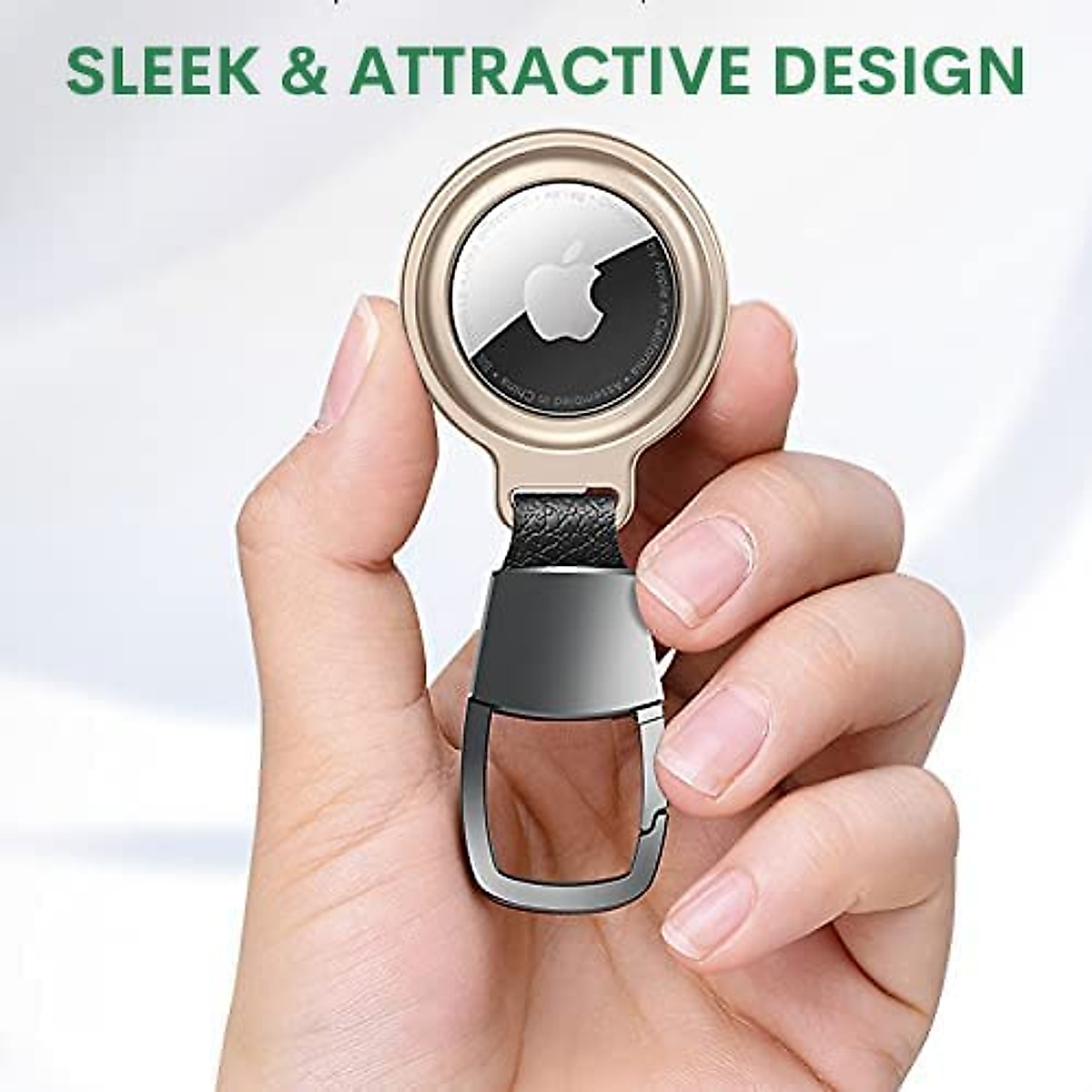 Deluxe AirTag Keychain, Metal and PU Leather Key Ring for Apple AirTag, Air Tag Key Anti-Loss Device (Gold)