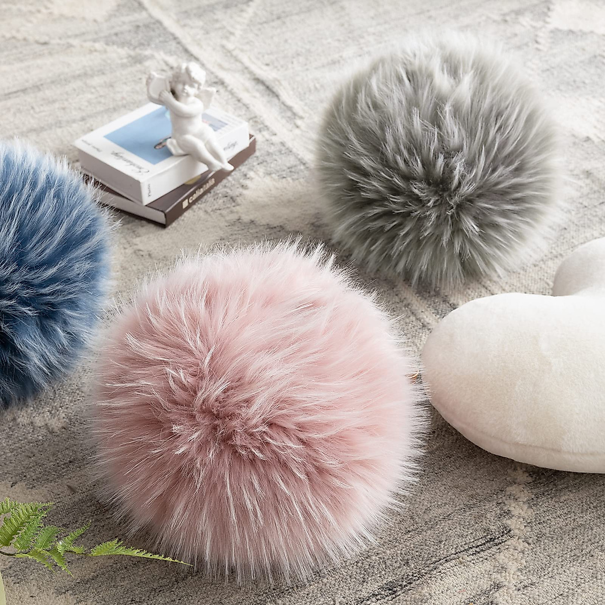 Ashler Plush Round Pillows, Ball Throw Pillow with Handle, Faux Fur Luxury Soft Decorative Cushion, Modern Home Decor Fluffy Round Pillow for Sofa, Bed, Chair, Light Gray, 9 x 9 inch