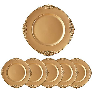 Umisriro Antique Gold Charger Plates, 13 Inch Embossed Chargers for Dinner Plates. Set of 6 Plastic Charger for Wedding, Party, Elegant Tableware Chargers Decoration.