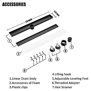 24 inch Linear Shower Drain with Removable Square Hole Panel by Using 304 Stainless Steel Process, Linear Drain Equipped with Adjustable Feet and Hair Strainer（Matte Black Color）