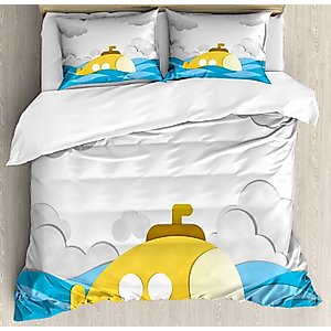 Ambesonne Yellow Submarine Duvet Cover Sets, Submarine Over The Wavy Sea and The Clouds in The Sky Image Print, Bedding Set with 2 Duvet Covers 4 Pillowcases, 2 Pack Cal King Size, Mustard and Blue