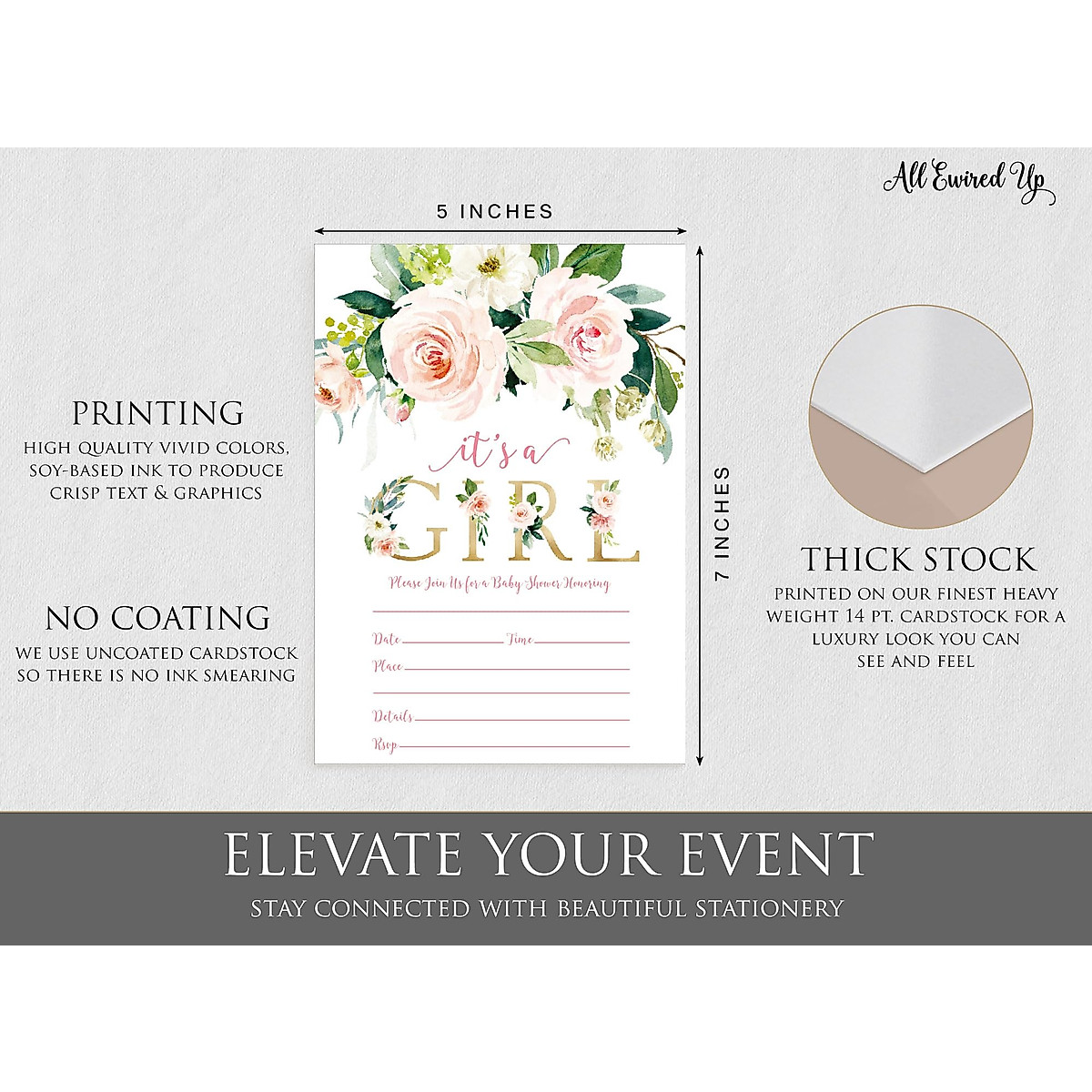 All Ewired Up 25 Pink It's A Girl Baby Shower Invitations with Envelopes (Large Size 5x7) Boxed Set, Double-Sided, Boho Floral Greenery, Sprinkle, Blush Boho