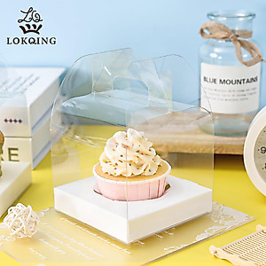 LOKQING 30 PCS Individual Cupcake Containers Single Cupcake Boxes with Handle and Inserts Clear Plastic Favor Boxes