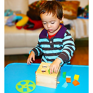 TOWO Wooden Shape Sorter - Sorting Box with Latch Lock - Rotating Wheel -Screw- and Shape Blocks- Sorting Cube Educational Toys for Kids Early Learning Montessori Materials