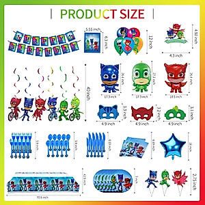 129pcs Pj-Masks Birthday Party Supplies Including Banners, Tablecloths, Cutlery, Spoons, Plates, Napkins, Hanging Swirls, Balloons, Cake Toppers, Cupcake Toppers, Character Foil Balloons