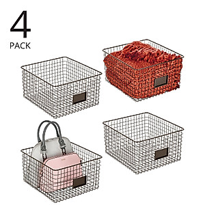 mDesign Wide Metal Farmhouse Storage Organizer Bin Baskets with Label Slot for Closet, Cabinet, Cupboard - Wire Organizing Basket Holds Clothing, Linens, Shoes, Omaha Collection, 4 Pack, Bronze