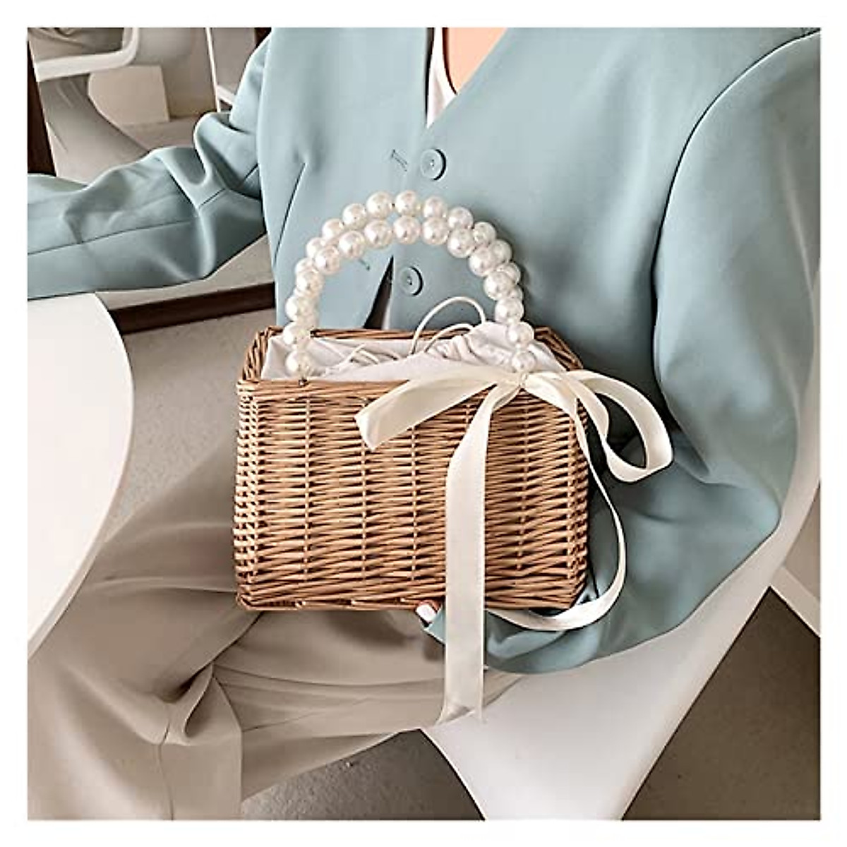 QUUL Lace Purses Handbags Women Summer Rattan Handmade Tote Bags Ladies Ribbons Beach Basket Bag Pearl Beads