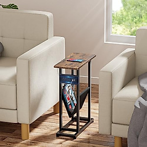 LAKEMID Narrow Side Table Set of 2 with Charging Station, Skinny Side Tables with Storage, Slim End Tables for Small Spaces with USB Ports for Living Room, Bedroom, Rustic Brown