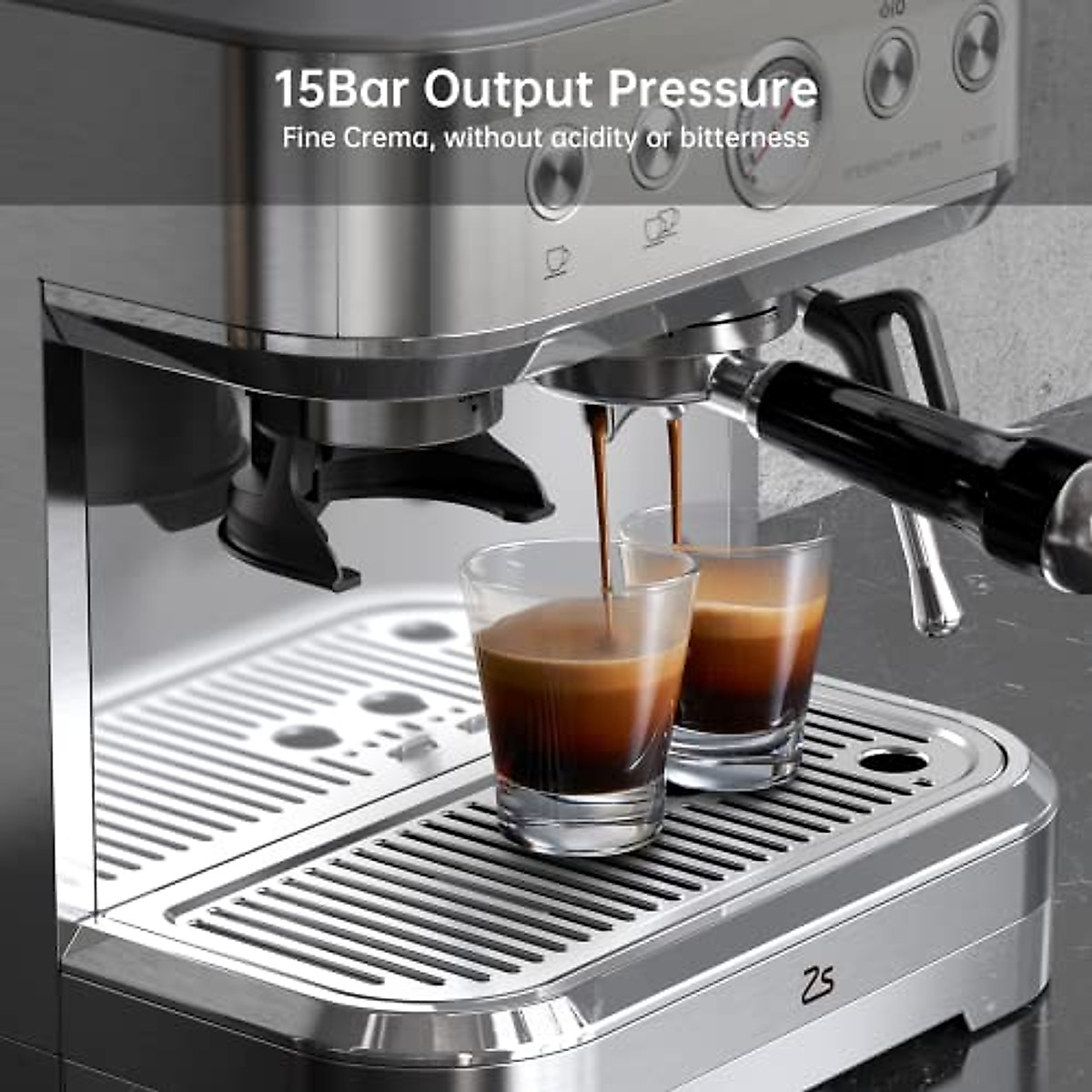 Zstar Espresso Machine with Milk Frother and Grinder, 15 Bar Automatic Espresso Coffee Machine All In One Coffee Maker with Italian ULKA Pump, 2.5L Water Tank, Brushed Stainless Steel for Home Office